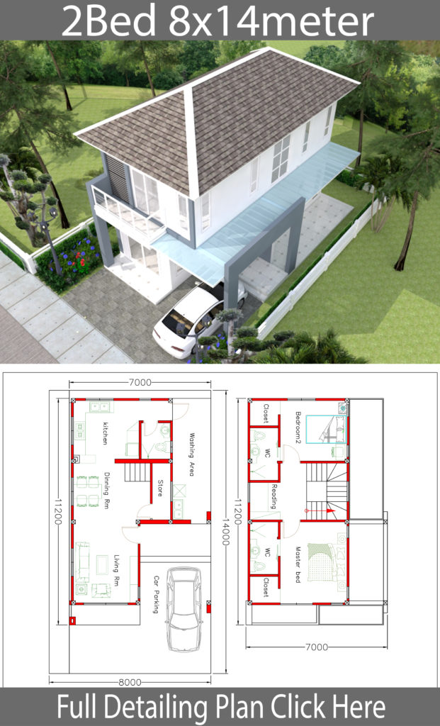 House design 8x14m with 2 bedrooms - Samphoas.Com